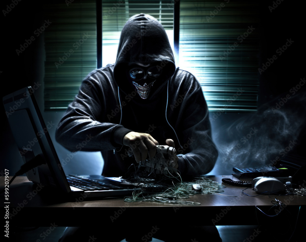 Cybersecurity Threat: Sinister Hacker with Laptop and Electronic ...