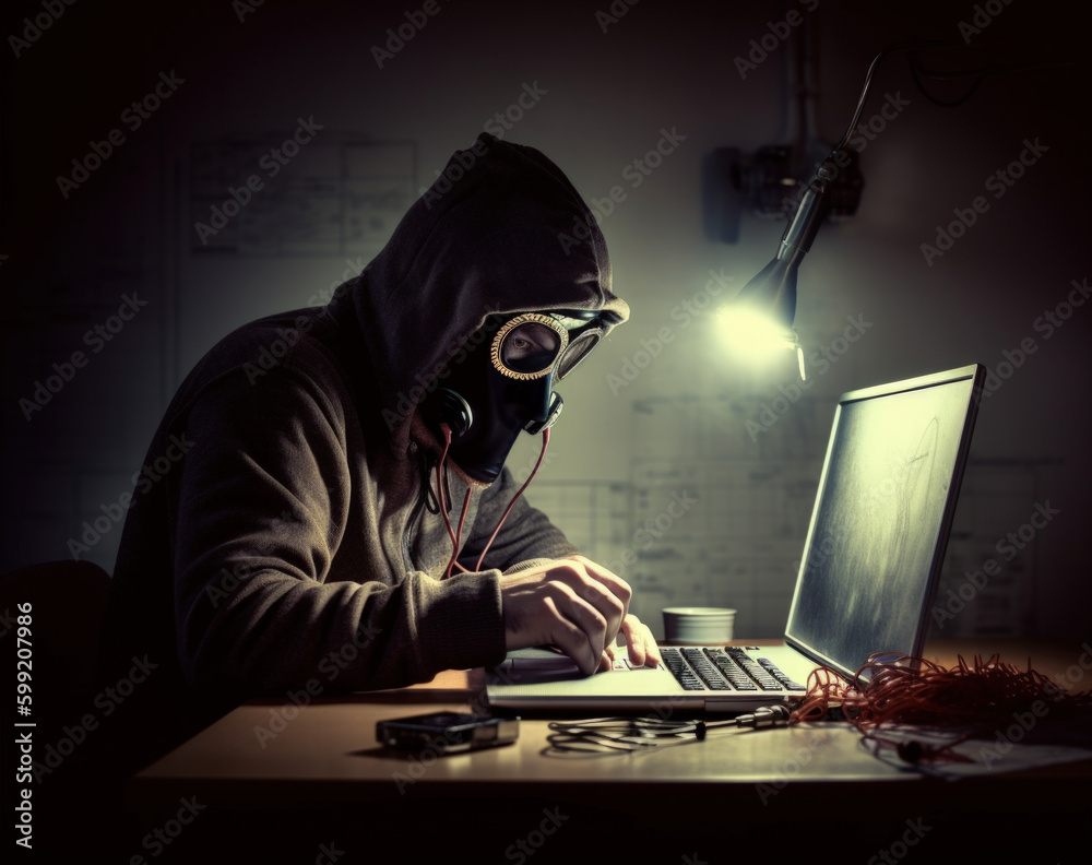 Sinister Cyber Criminal at Work on Laptop - Digital Photo Art Created ...