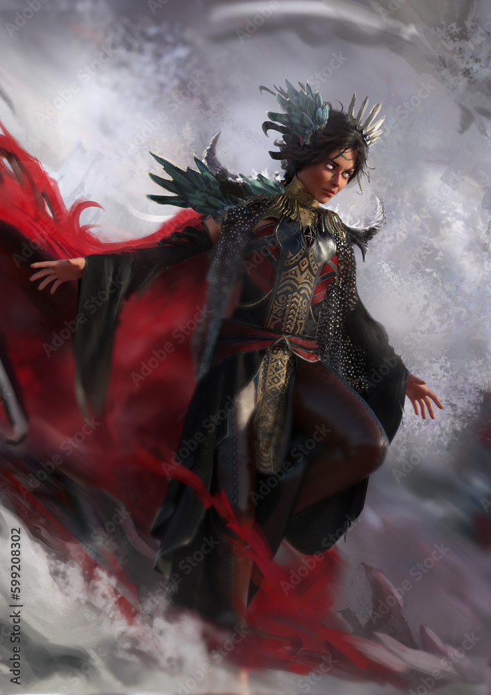 An angel girl with black hair decorated with feathers, in armor with ...