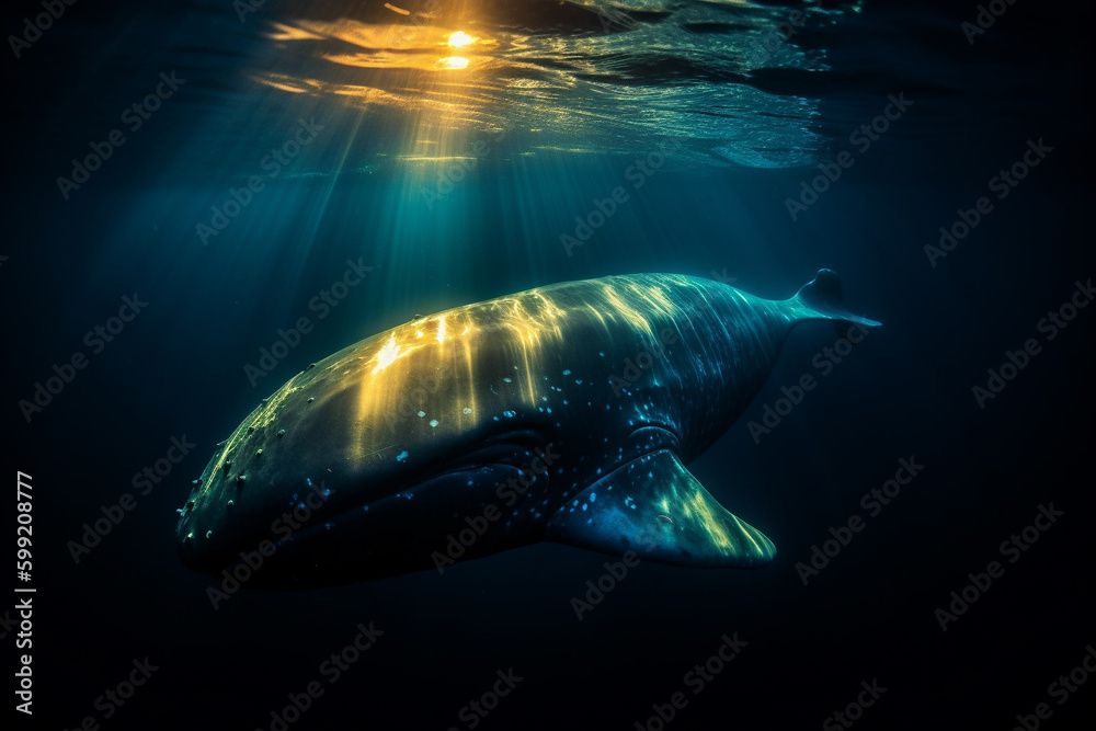 Blue Whale, Majestic Creature of the Ocean, swimming in the ocean with ...