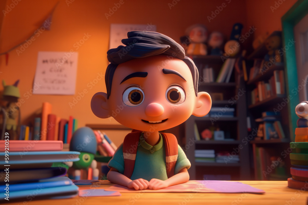 Smiling Caucasian boy diligently completing homework at a desk ...