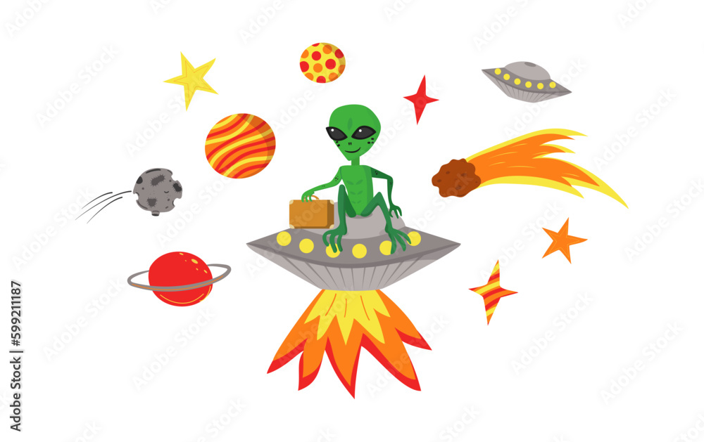 Vector set of space elements. UFO, alien, spaceship, comet, planets ...