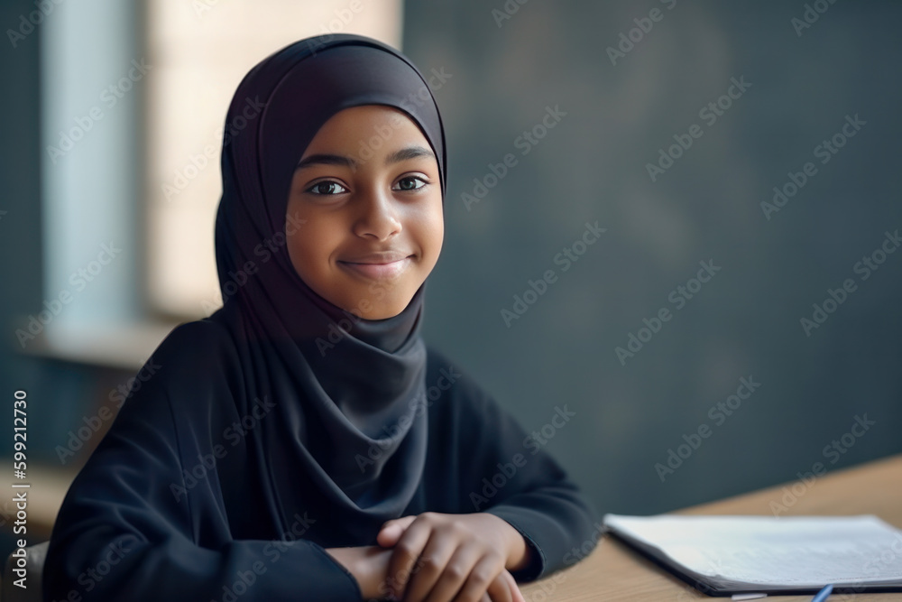 Portrait of a cheerful young African Muslim girl wearing hijab, smiling ...