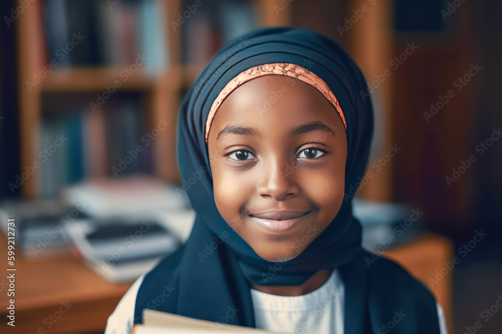 Portrait of a cheerful young African Muslim girl wearing hijab, smiling ...