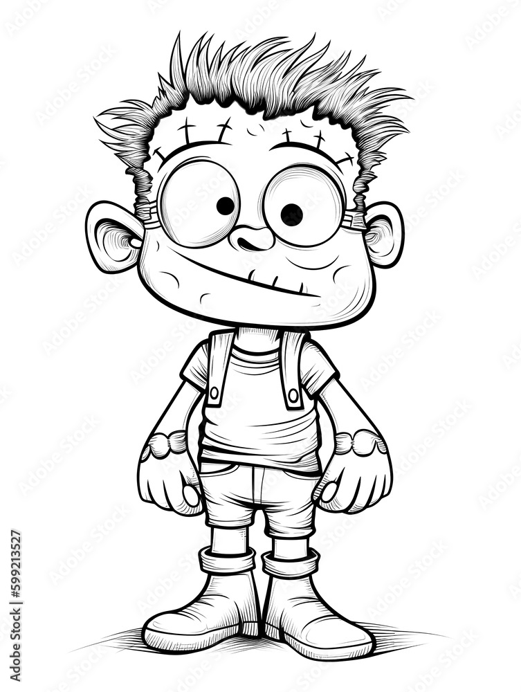 Frankenstein Child Boy Coloring Page Thick Outline Silhouette Hand ...