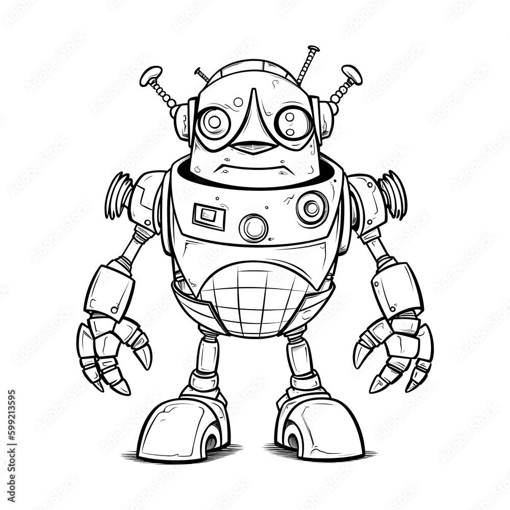 Robot Coloring Page Thick Outline Silhouette Hand Drawn Illustration ...