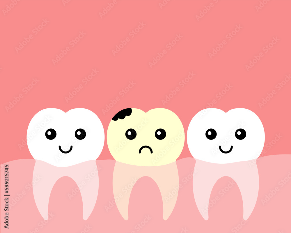 Teeth with cute muzzles, vector. Two teeth are healthy, one with caries ...