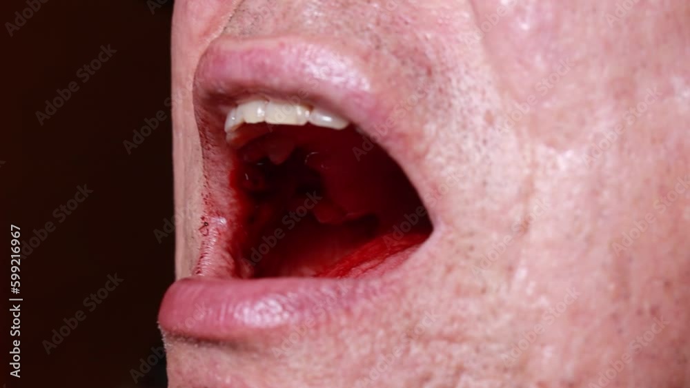 Close up man open mouth, jaw with teeth, detailed sealed bloody tooth ...