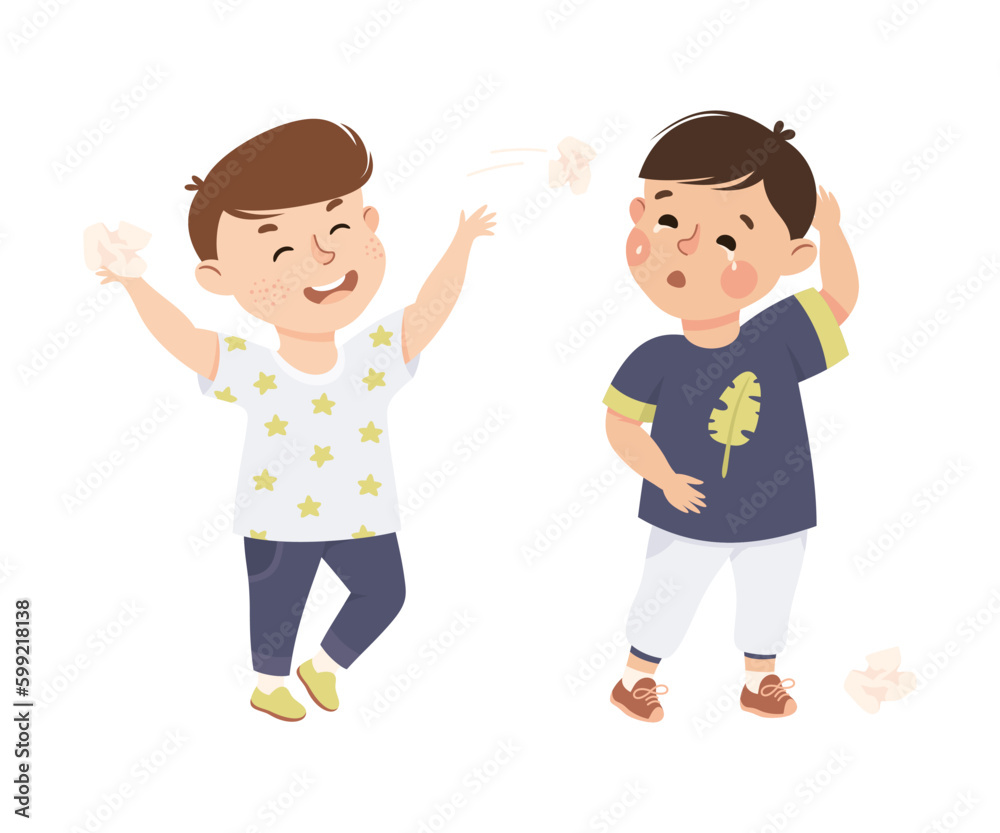 Aggressive bully boy throwing crumpled papers at his crying classmate ...