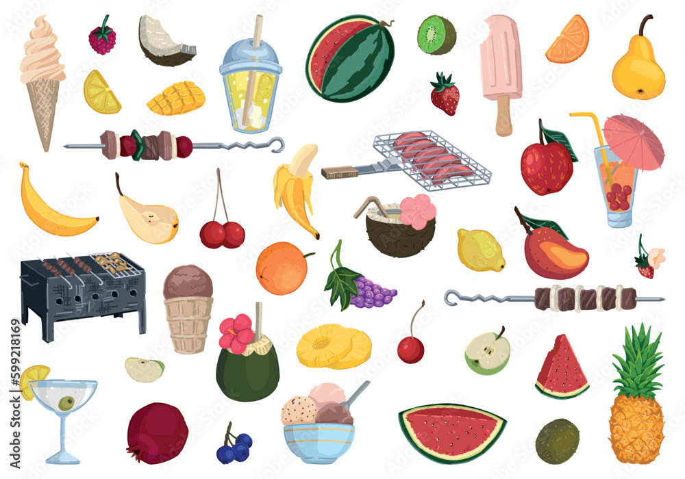 Summer food doodles set. Collection of barbecue, fruits, berries, ice ...