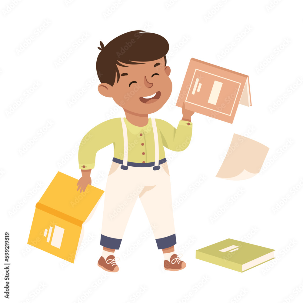 Little bully boy tearing and throwing books. Hoodlum schoolkid cartoon ...