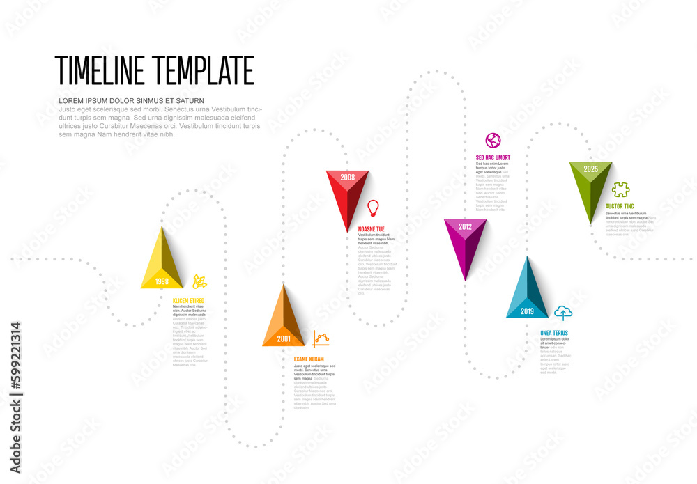 Infographic dotted timeline template with up and down triangle arrows ...