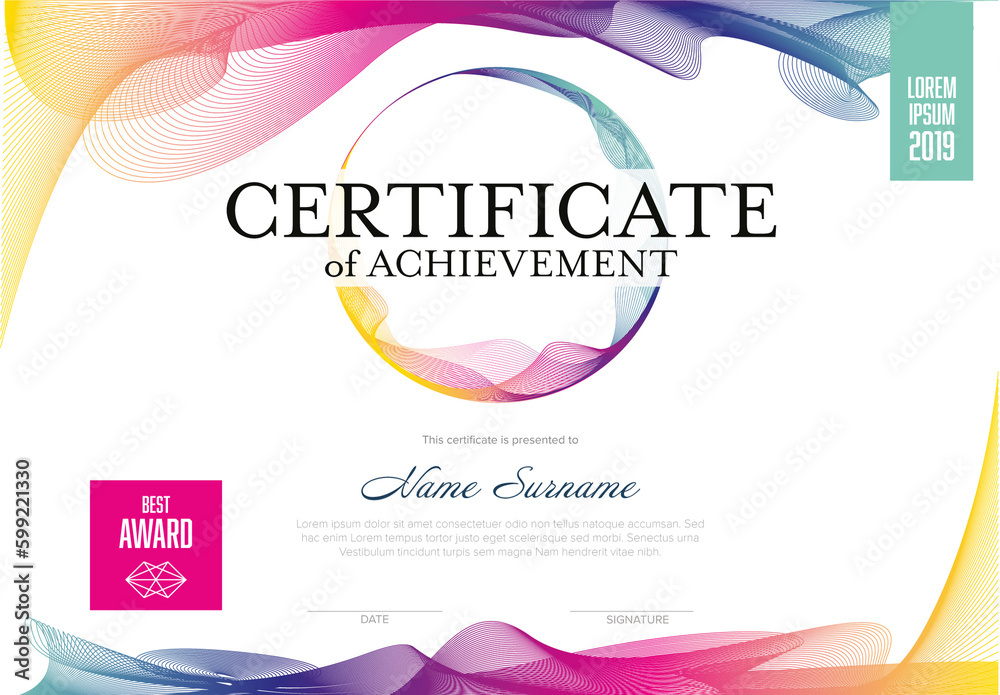 Modern fresh, certificate template layout with rainbow curved lines ...