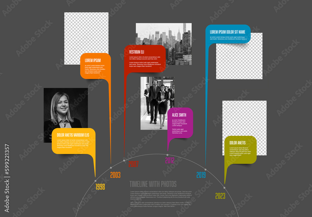 Simple color minimalistic circle photo timeline template on dark gray ...