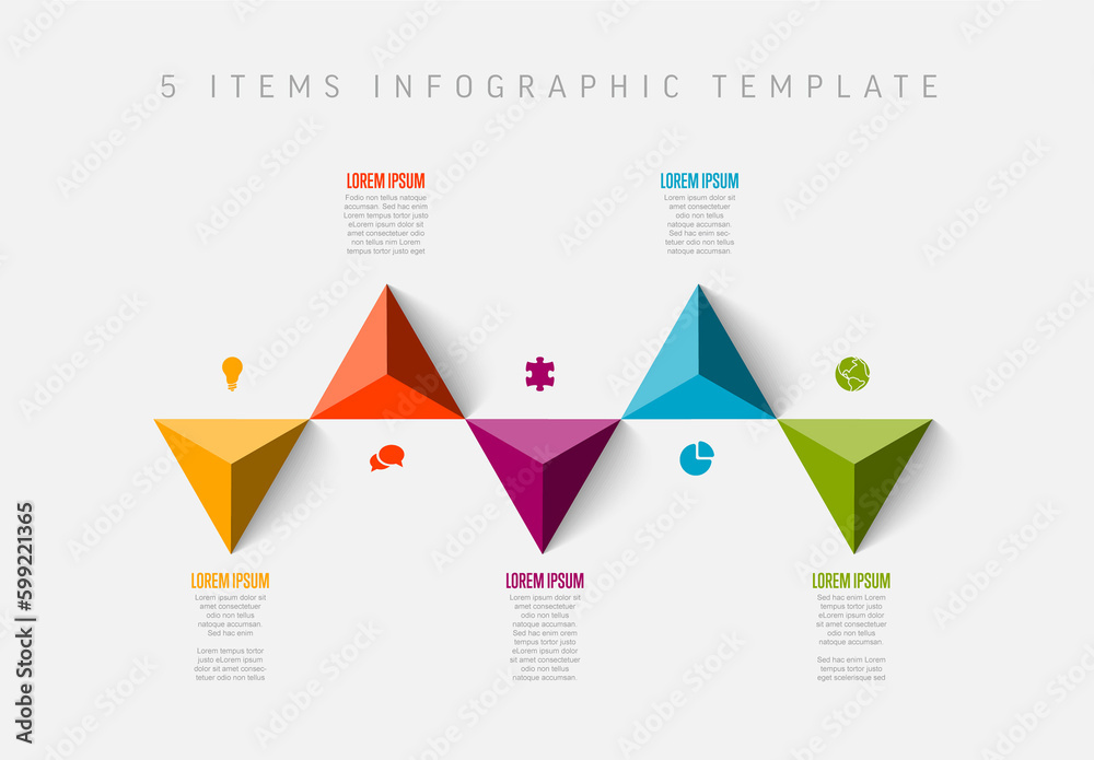 Five horizontal items elements template with icons and triangle arrows ...