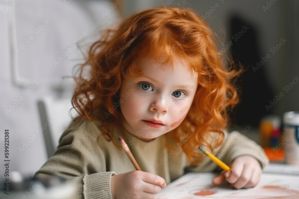 4 year old ginger girl painting with his hands. Generative AI ...