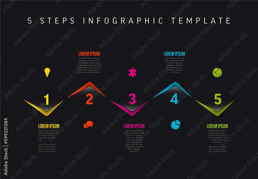 Five horizontal color corner steps elements template with icons on dark ...