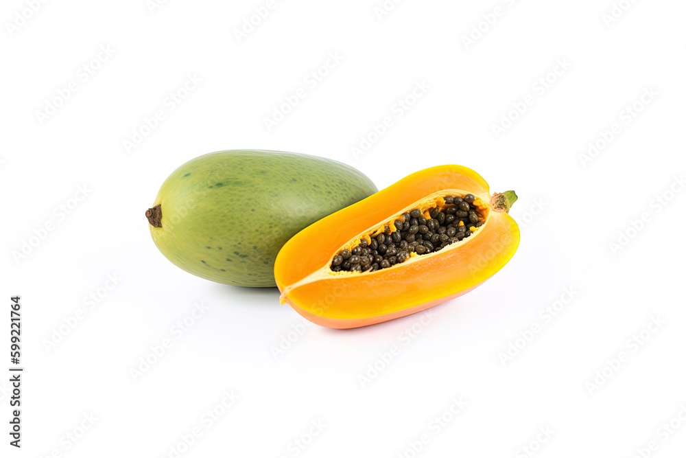 Fresh whole and sliced papaya fruits isolated on white background ...