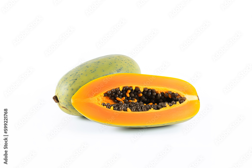 Fresh whole and sliced papaya fruits isolated on white background ...