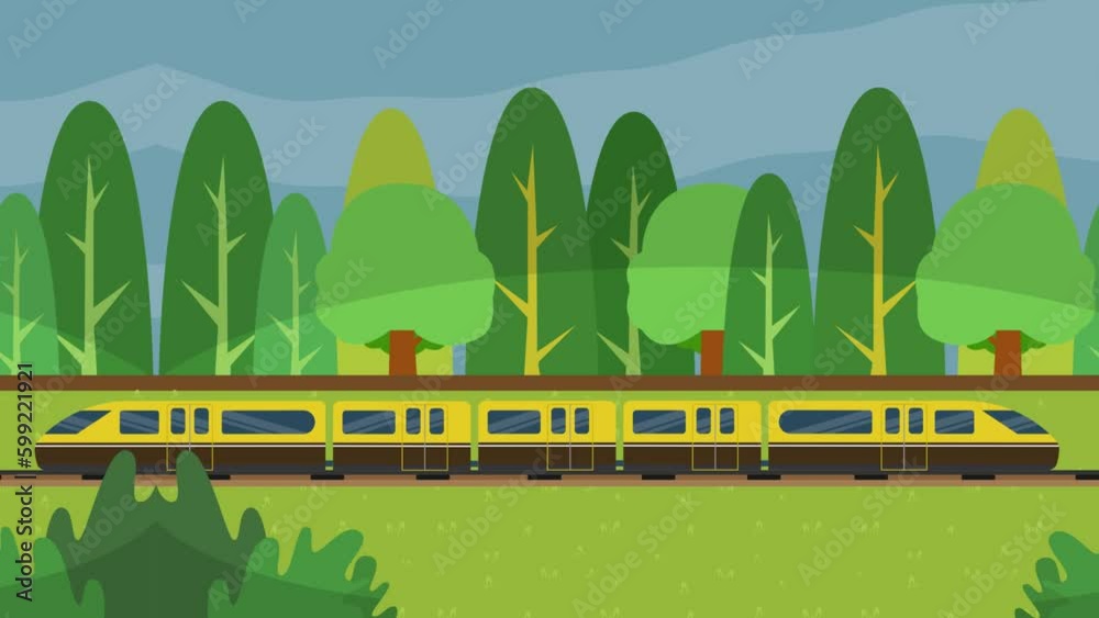 2D cartoon animation loop of train with beautiful forest landscape ...