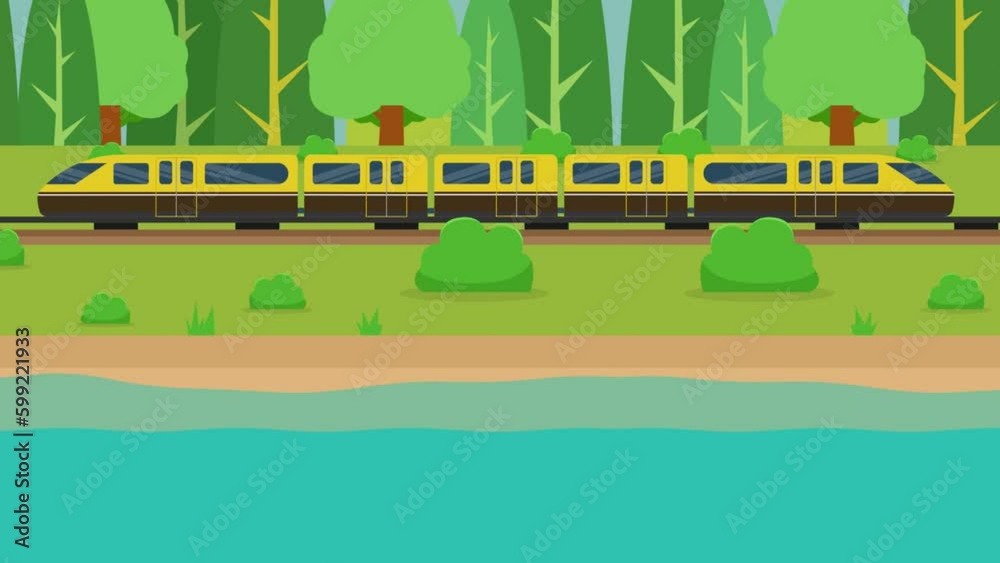 2D cartoon animation loop of train with meadow and lake background in ...