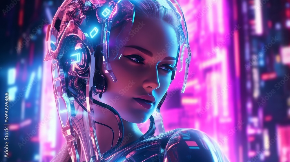 Humanoid cyber girl in virtual digital technologies in neon light ...