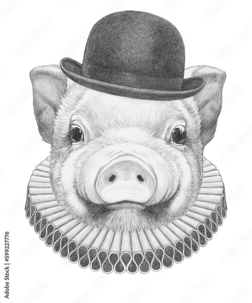 Portrat of Piglet with Elizabethan Collar and Bowler Hat. Hand-drawn ...