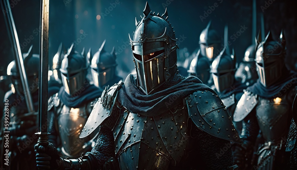 Medieval Knights in armor are preparing for battle, the defense of the ...