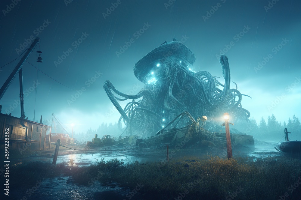 Monster Cthulhu attacked city and boats at seaport pier. Apocalypse ...