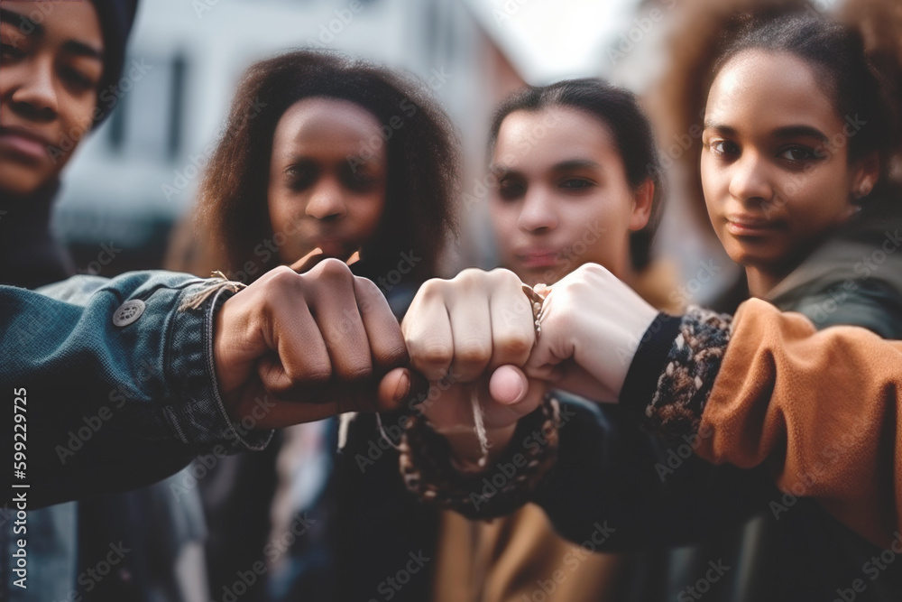 Group of young multiracial people making fist as symbol of unity ...