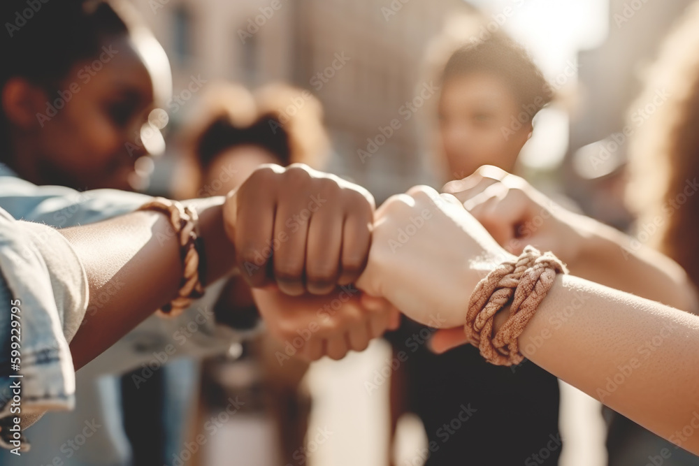 Group of young multiracial people making fist as symbol of unity ...