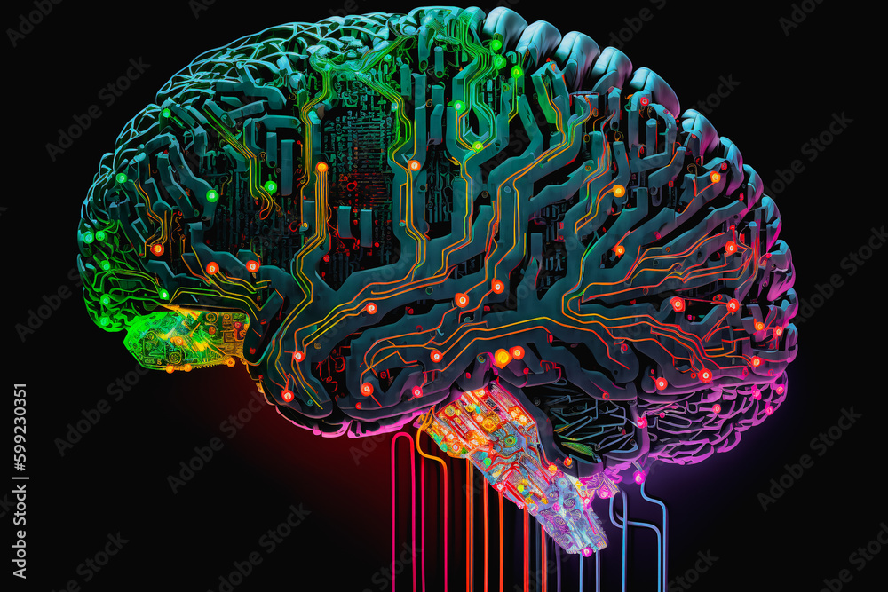 A volumetric brain shape with colorful wires coming out of it ...