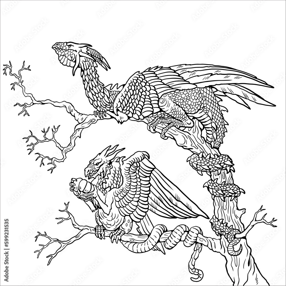 Dragon family coloring page. Fantasy vector illustration with mythical ...
