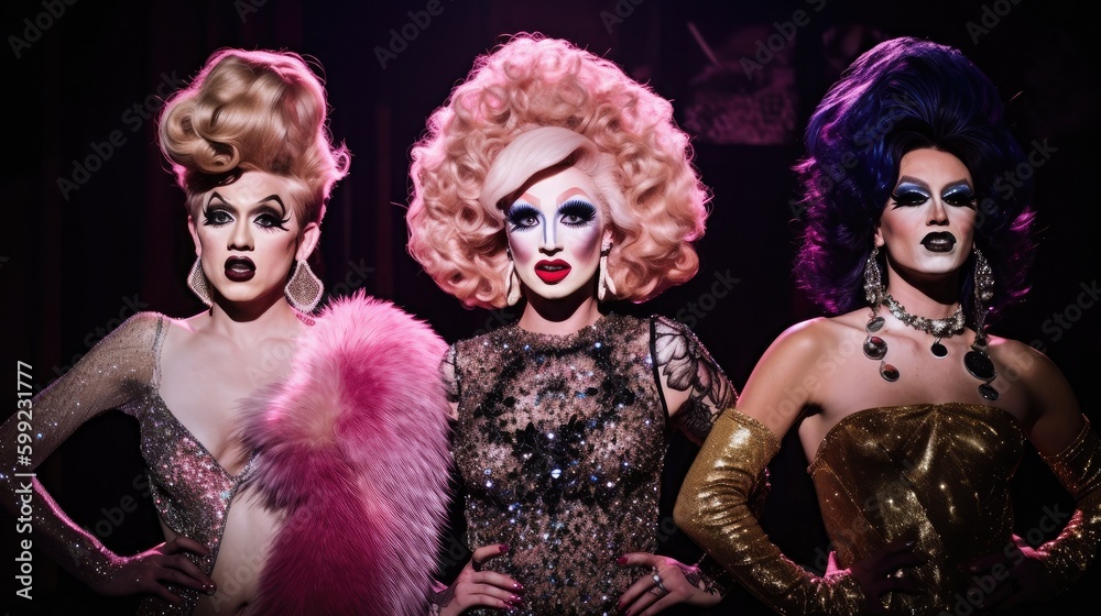 Drag show artists at nightclub entertainment performance, group of men ...