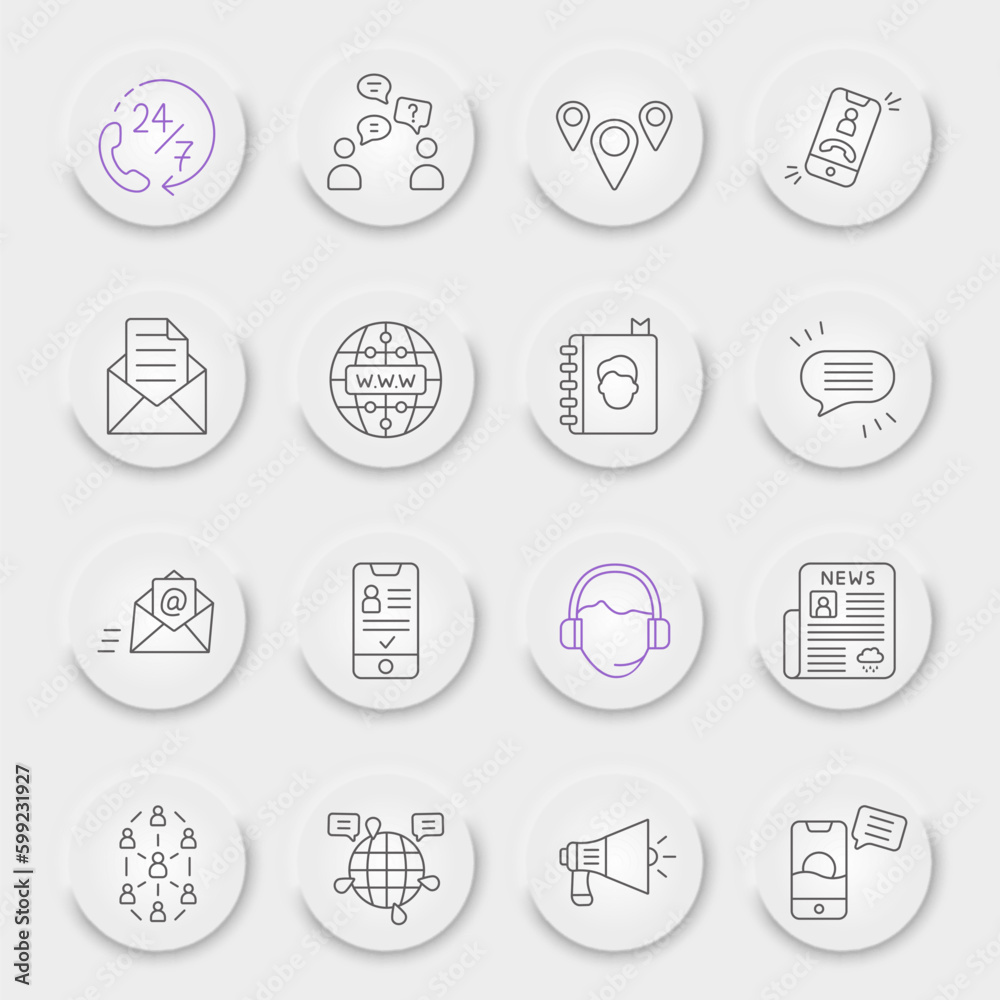 Poster Contact line icon set, communication symbols collection, vector sketches, neumorphic UI ...
