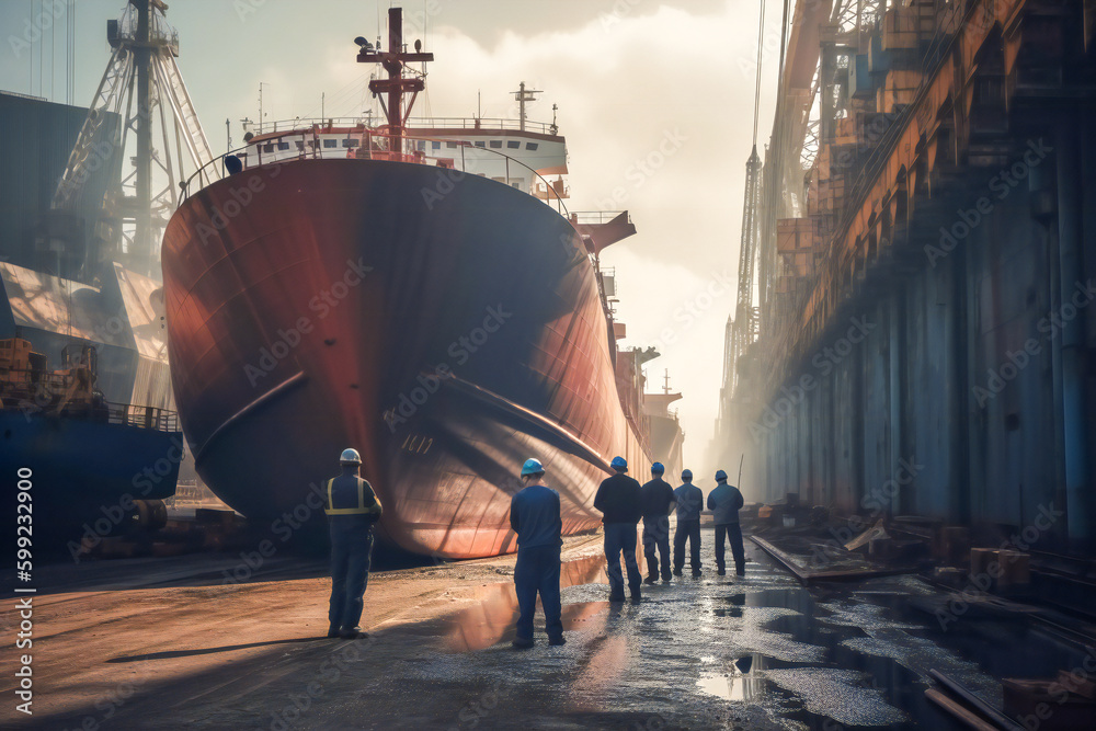 Shipyard workers with a ship under construction in background. Created ...