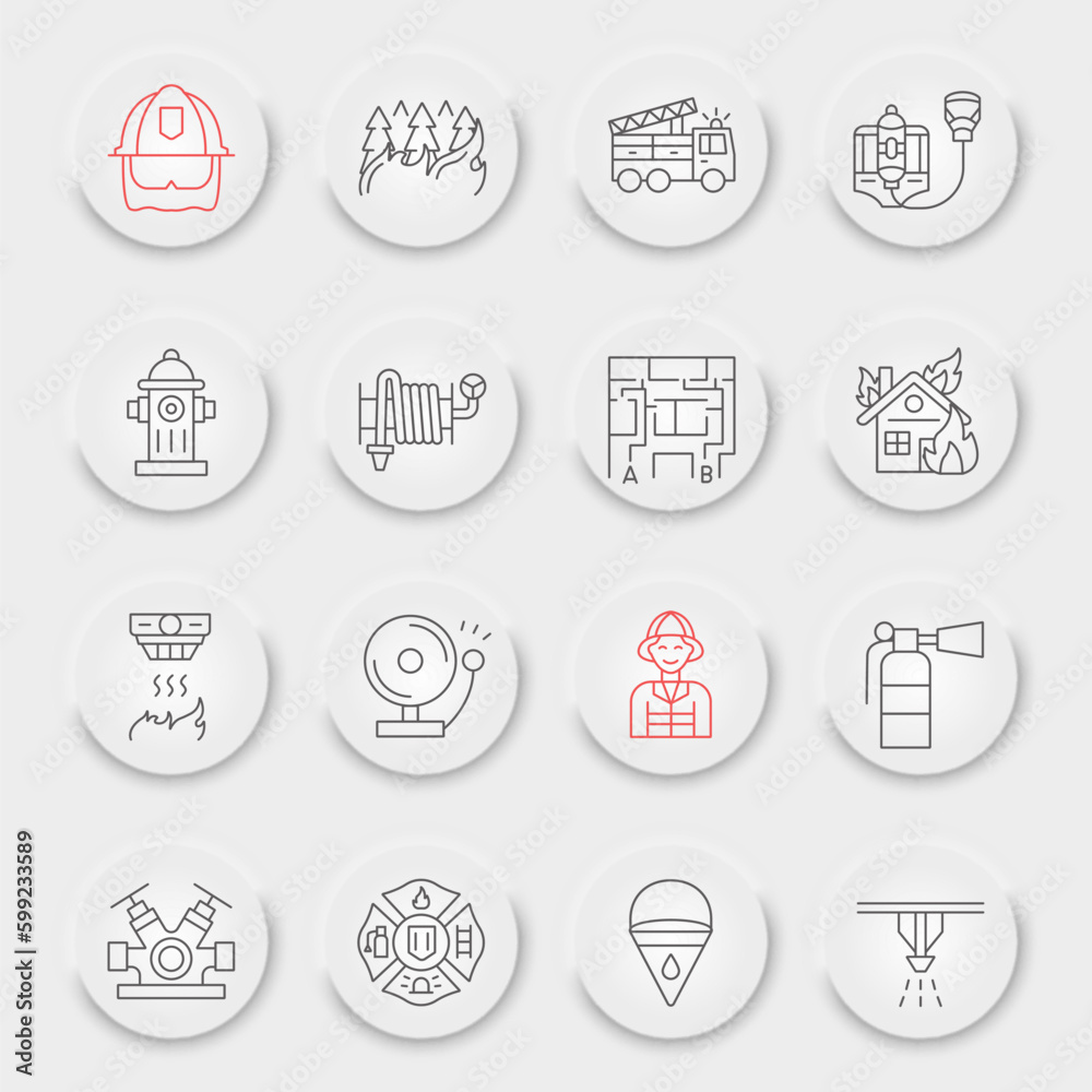 Firefighter Line Icon Set Fireman Symbols Collection Vector Sketches Neumorphic Ui Ux Buttons