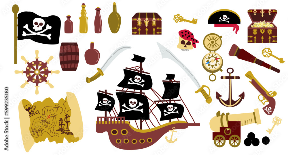 Cartoon pirate elements, cannon, treasures, sailing ship. Flag ...