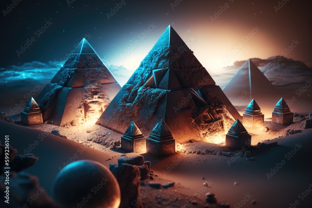 Light effects and egyptian pyramids at night. Futuristic background ...