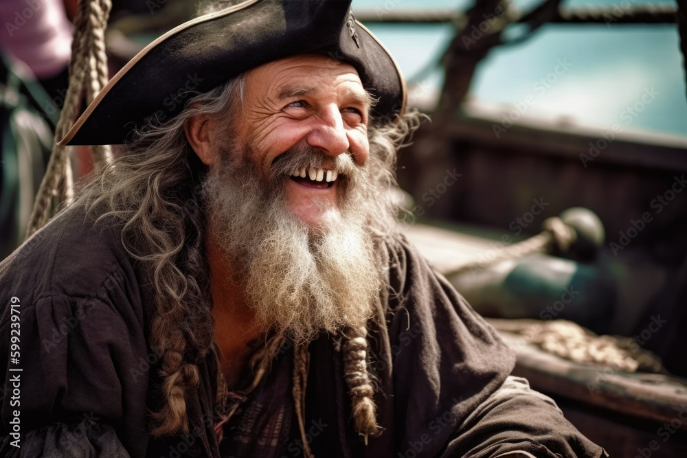 Candid photo of a joyful jolly pirate aboard his ship, laughing, happy ...