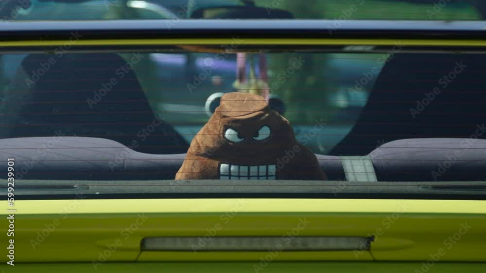 Plush toy in form of an evil pile of poop lies in cabin near rear ...