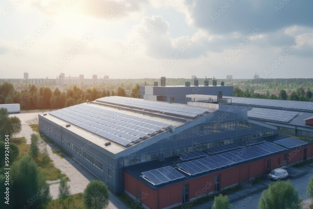 Factory with solar energy system, Industry with solar panels on the ...