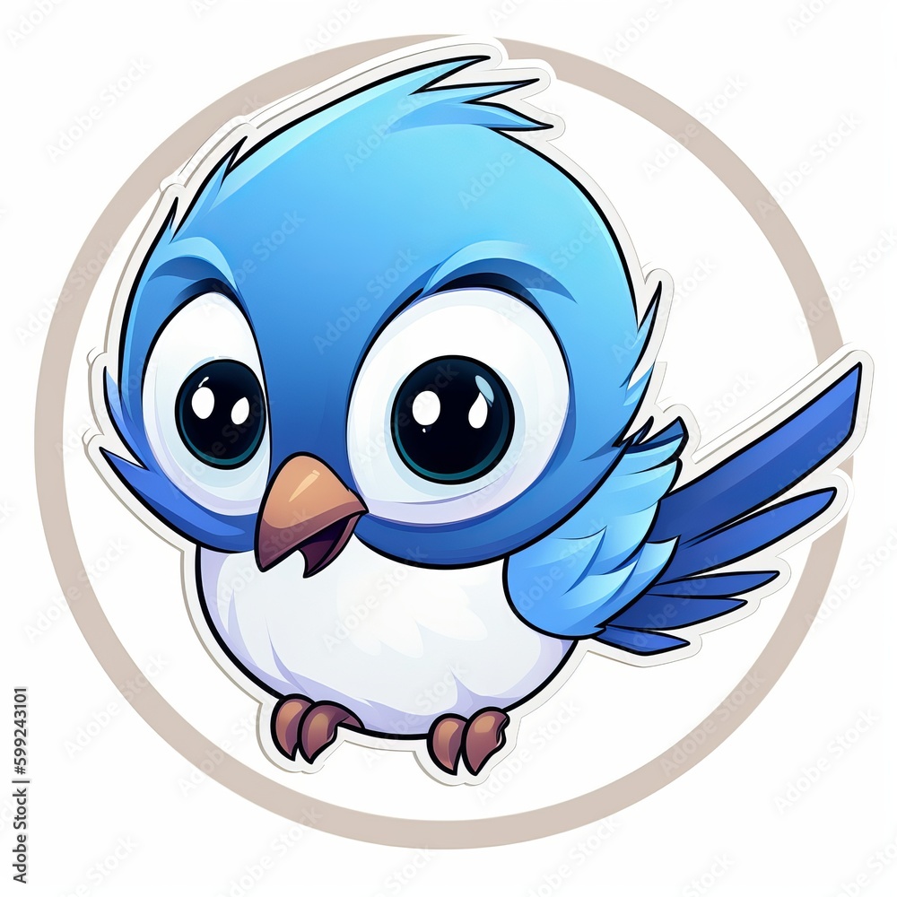 A cute chibi Blue Jay sticker with a white background, radiating ...
