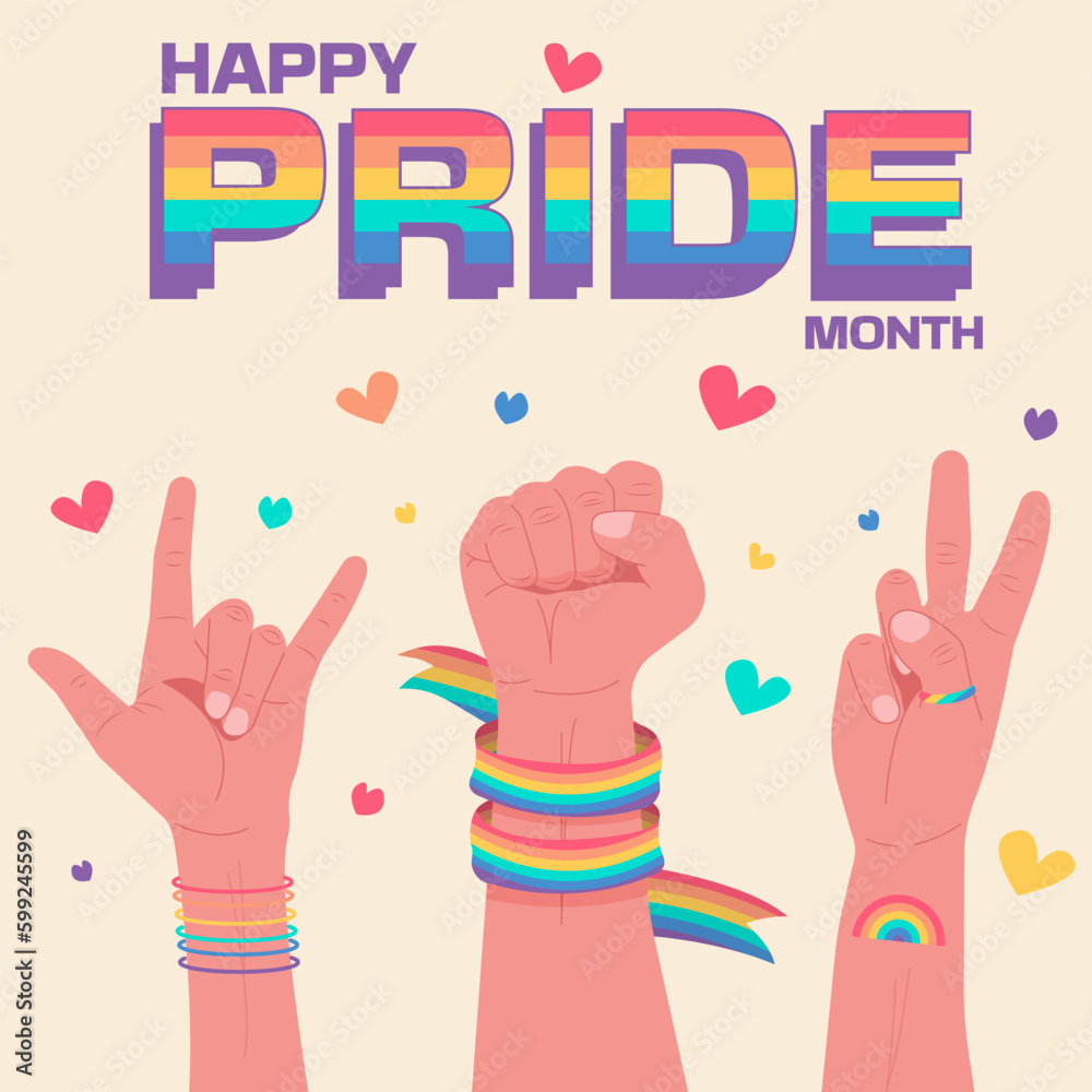 Happy pride month illustration with hands up.Design for posters and ...