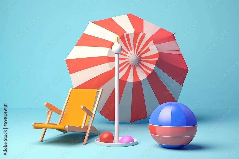 Beach Umbrella ,striped beach chair, beach ball, surfboard, lifebuoy ...