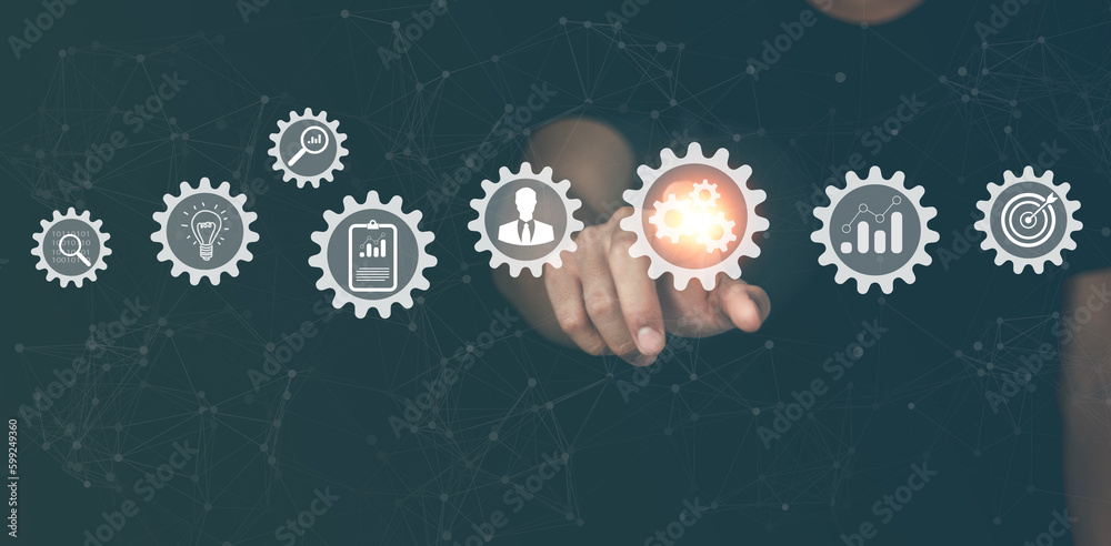 technology business, manager touching gears icons. operations system ...