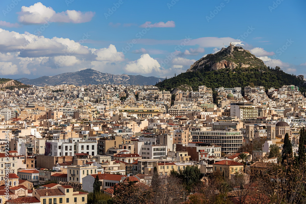 Panorama of Athens, view of Lycabettus mount from Acropolis foot, Greece. Skyline of Athens city ...