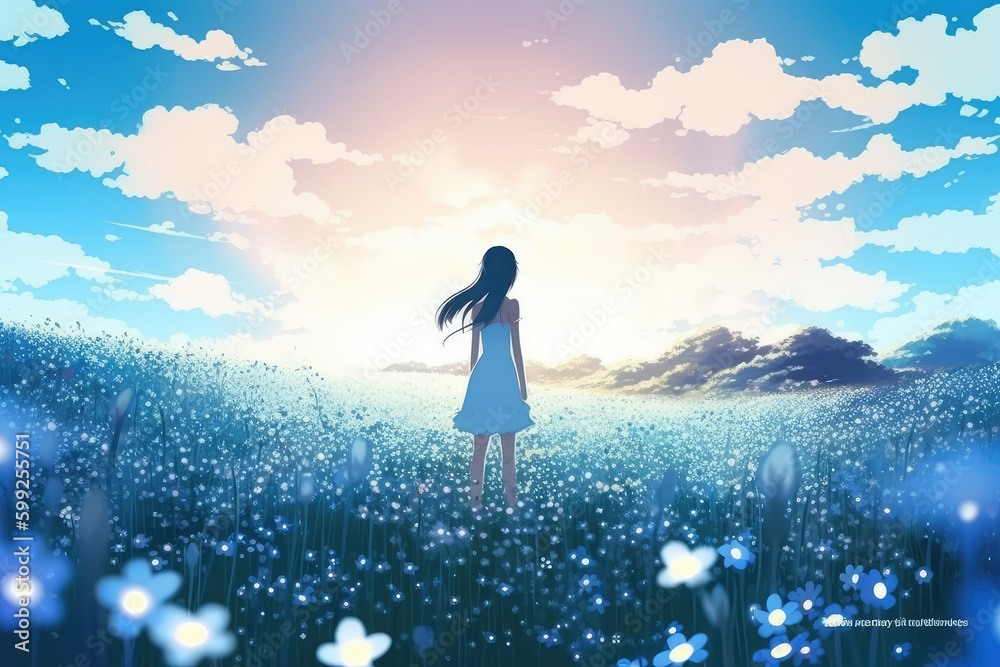 illustration in the style of anime featuring a field of blue nemophila ...