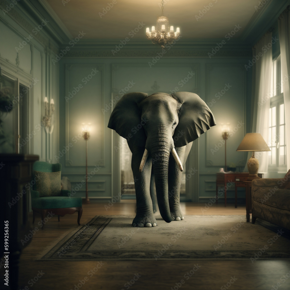 AI generated, an Elephant in the room. An elephant standing in a living ...