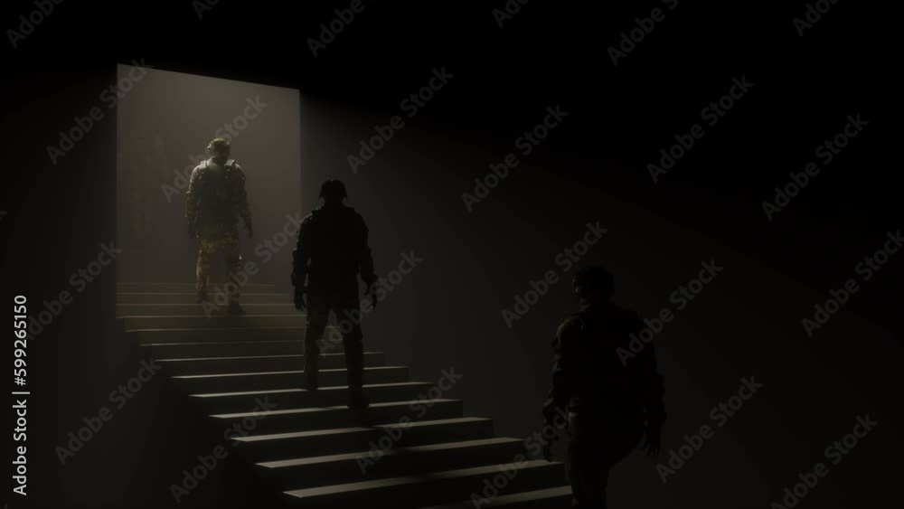 Seamless loop soldiers go up the escalator. Military concept, into ...
